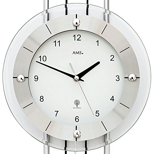 AMS Pendelwanduhr modern, aufwendige Funk-Wanduhr, silberne Pendeluhr ...